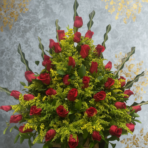 Cupid Floral Arrangement with Roses, Roses, Green Foliage...